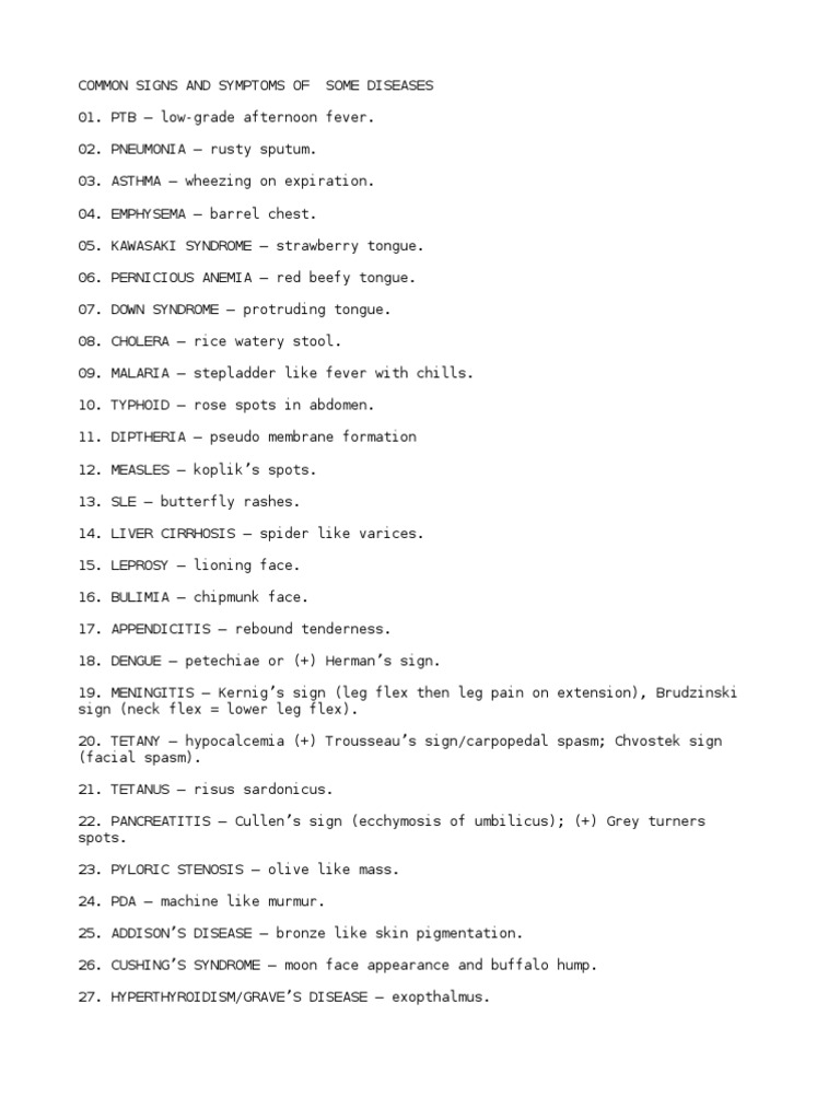 COMMON SIGNS AND SYMPTOMS OF SOME DISEASES