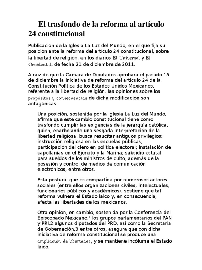 El Trasfondo de La Reforma Al Artículo 24 Constitucional | PDF ...
