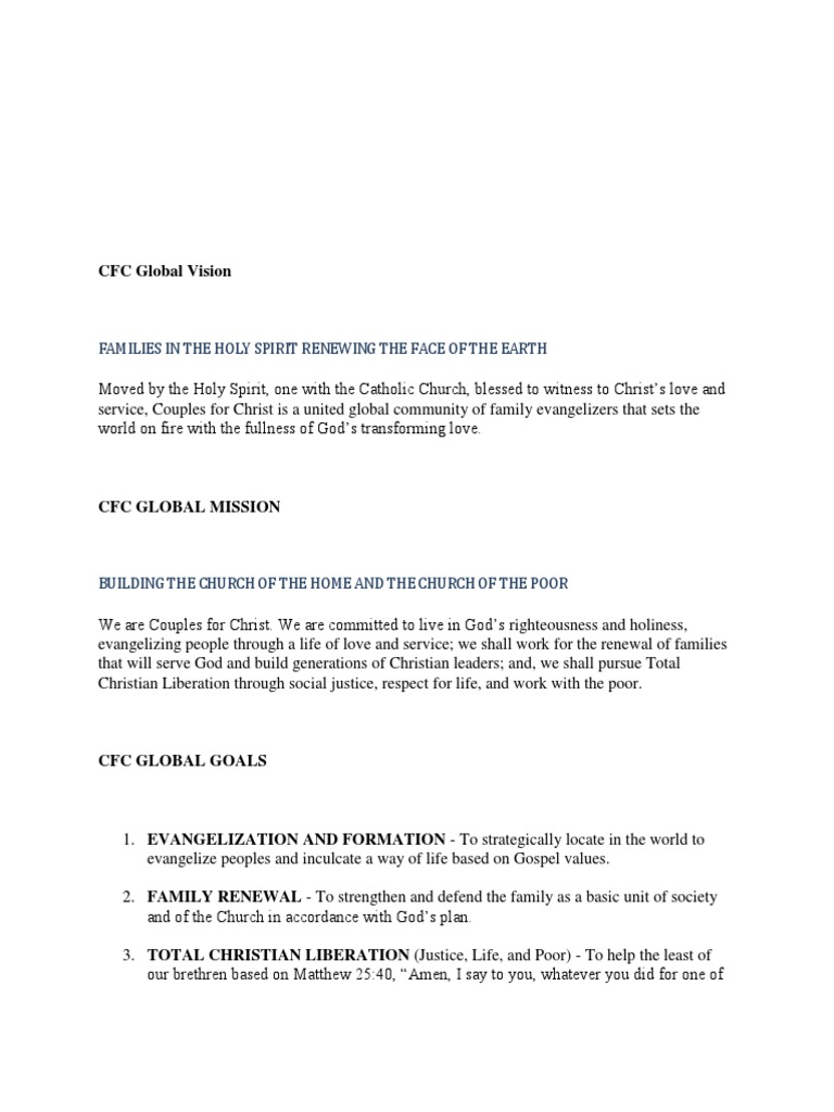 CFC Global Vision: Families in The Holy Spirit Renewing The Face of The ...