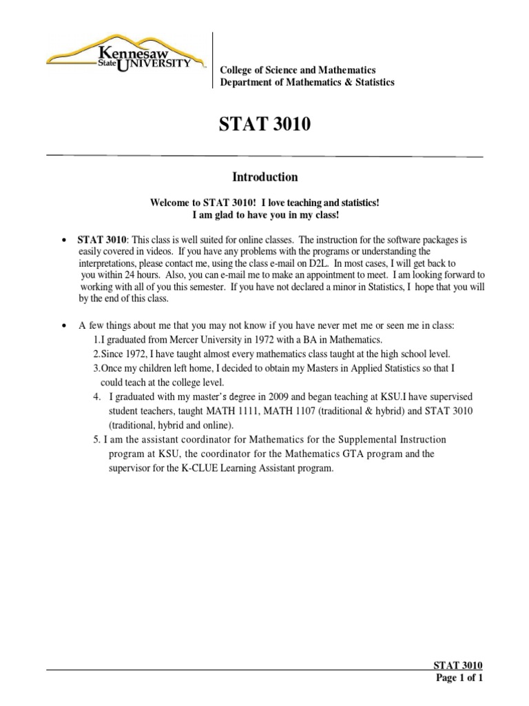 STAT 3010: College of Science and Mathematics Department of Mathematics ...