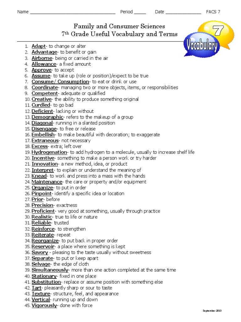 7th Grade FACS Vocabulary List | PDF