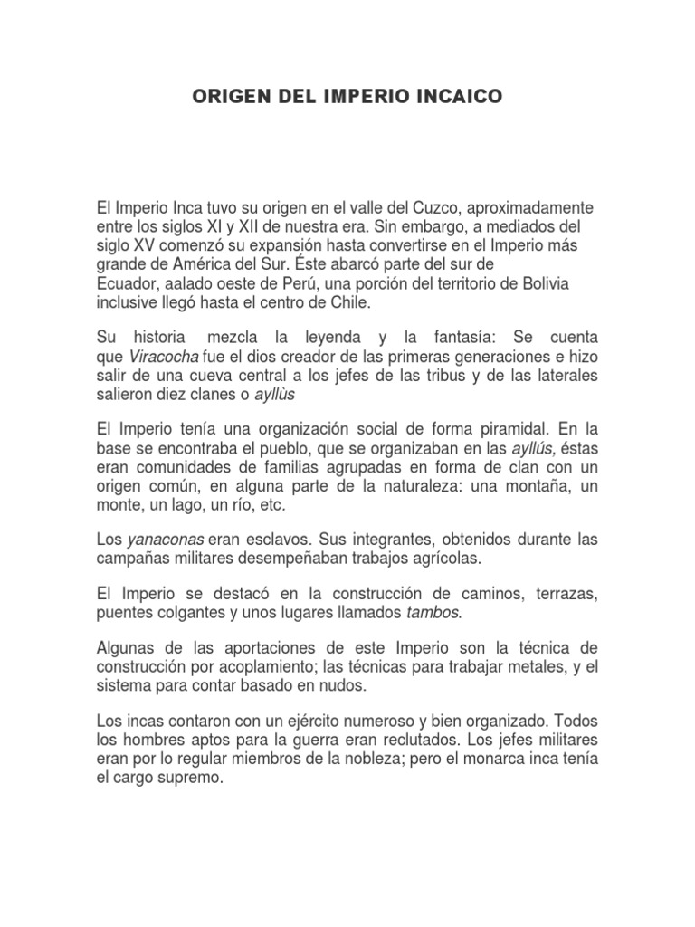 Origen Del Imperio Incaico | PDF | Imperio Inca | América del Sur