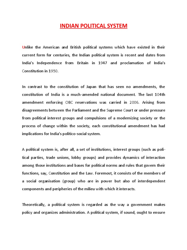 Indian Political System | PDF | Constitutional Law | Government Related ...