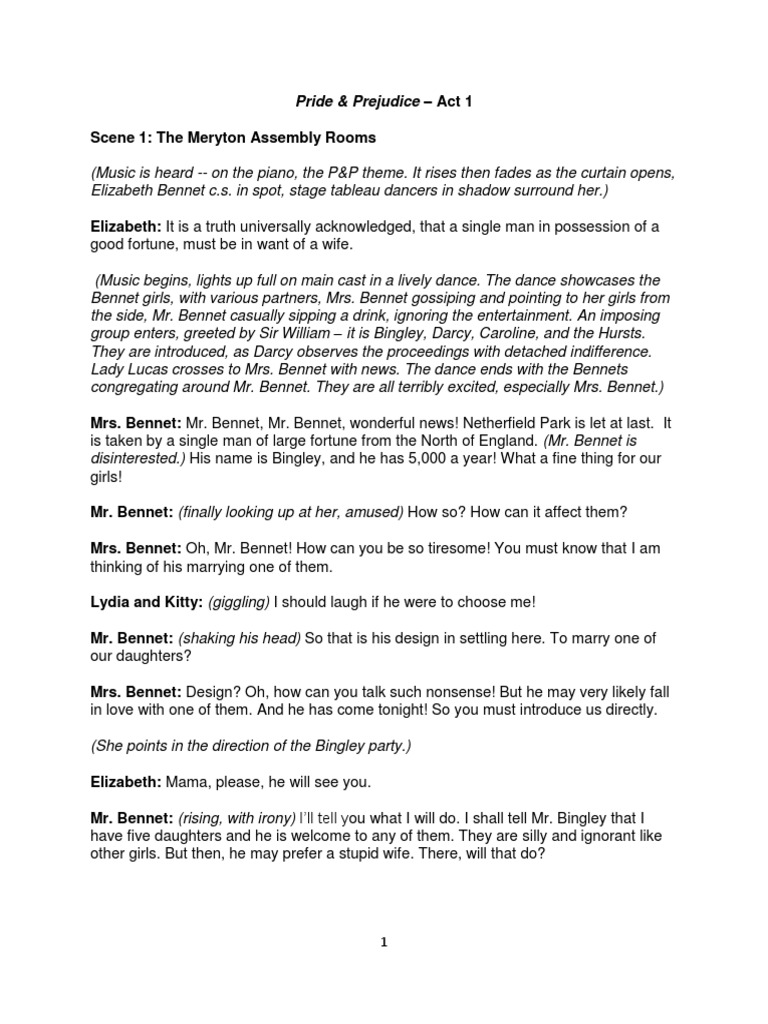 Pride and Prejudice Act 1 Script | PDF | Pride And Prejudice | Mr. Darcy