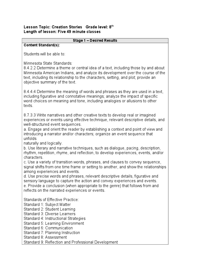 Creation Stories Lesson Plan for 8th Grade | PDF | Creation Myths