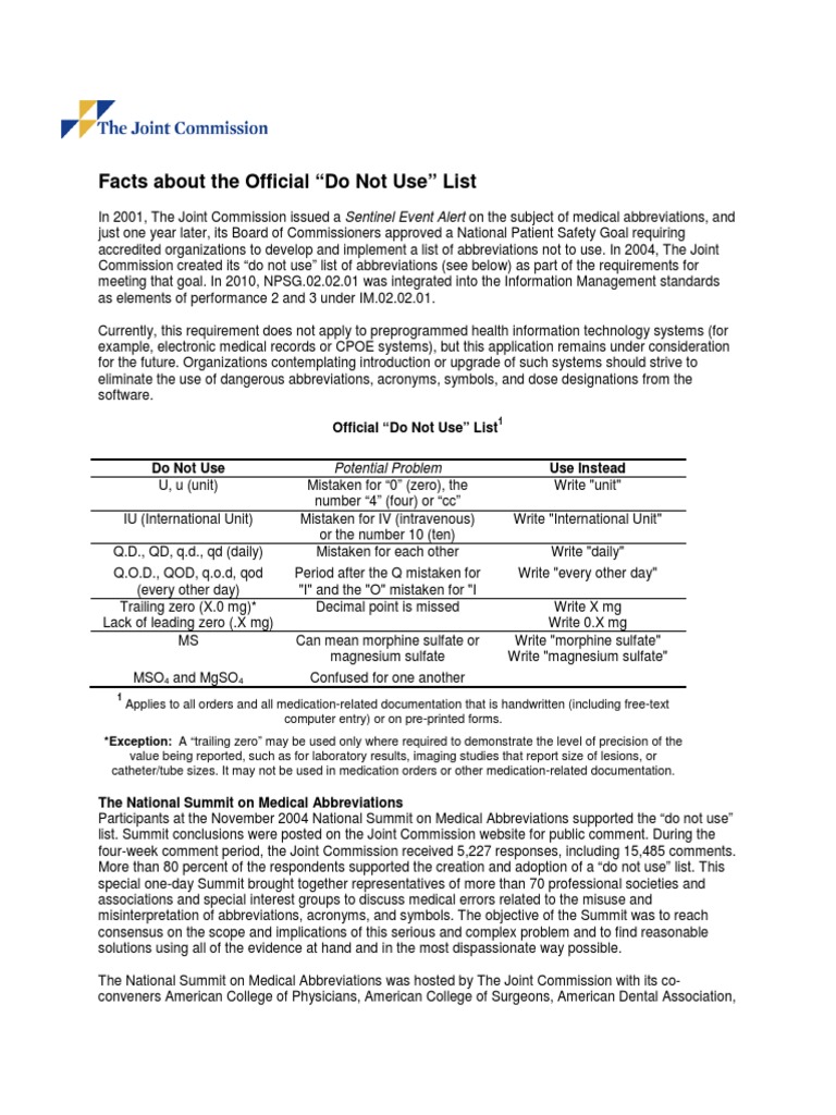 Do Not Use List | Download Free PDF | Joint Commission | Magnesium