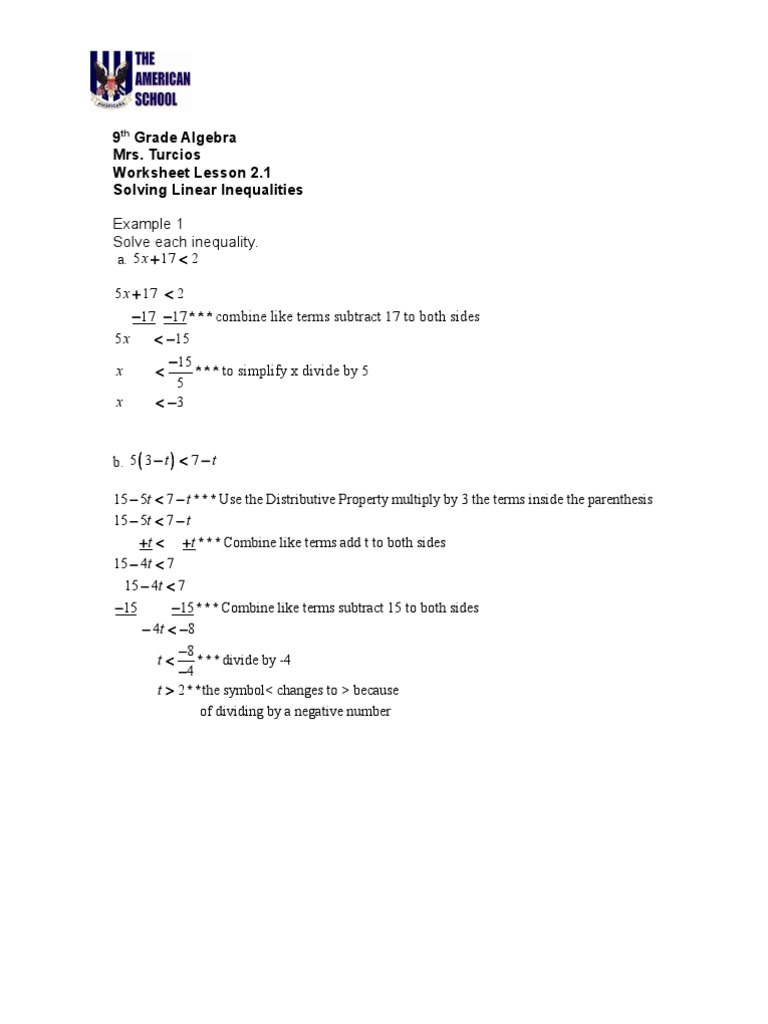 9th Grade Inequalities Worksheet | PDF | Teaching Methods & Materials