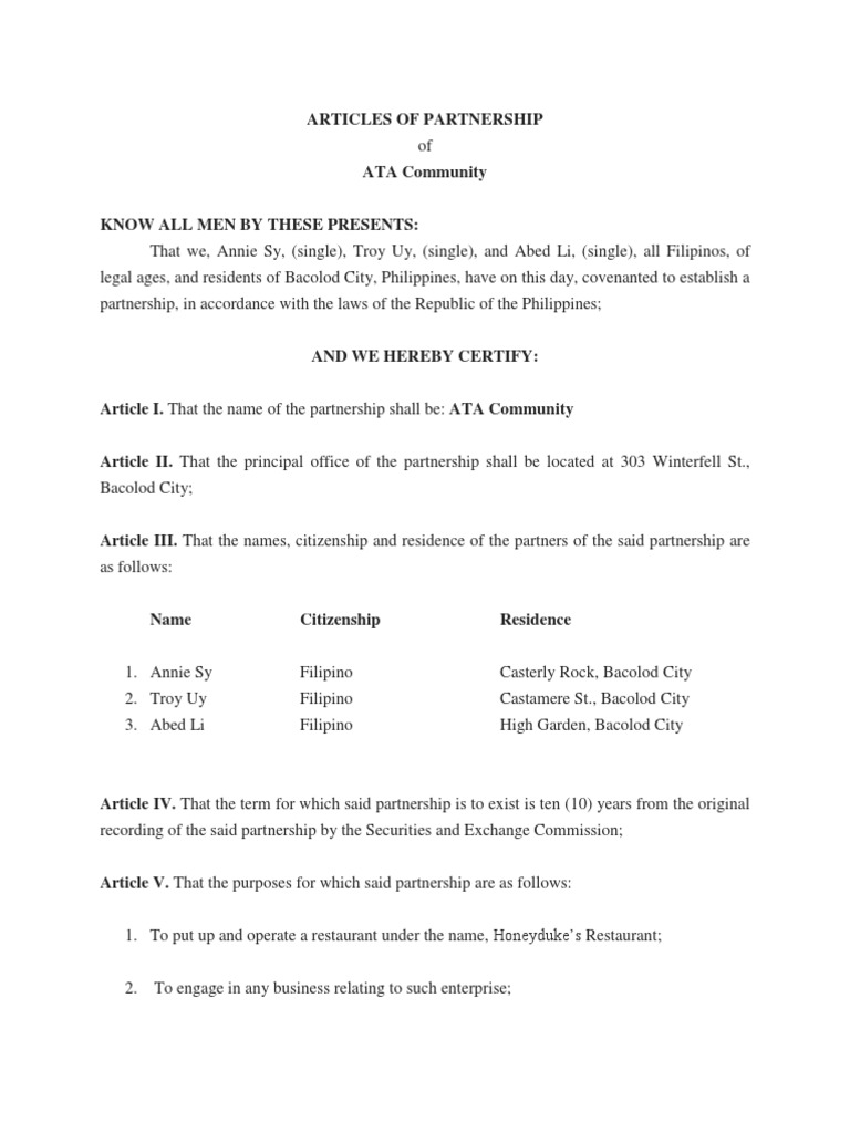 Articles of Partnership | Partnership | Citizenship