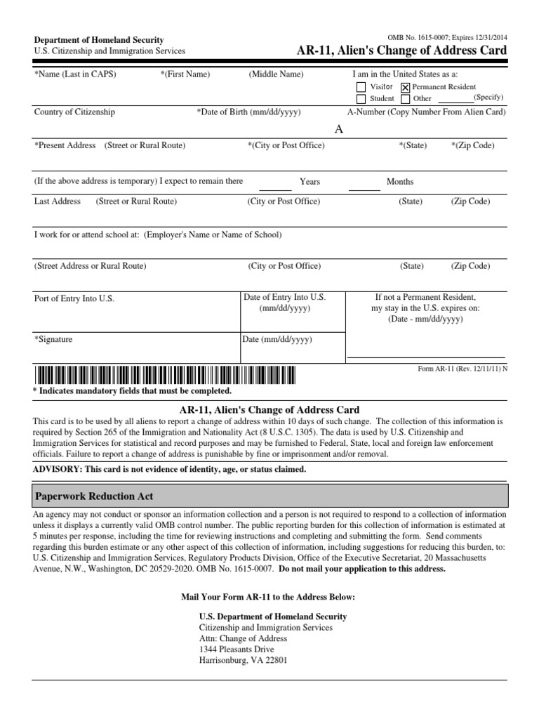 Reporting Change of Address: Instructions and Form for Non-Citizens ...