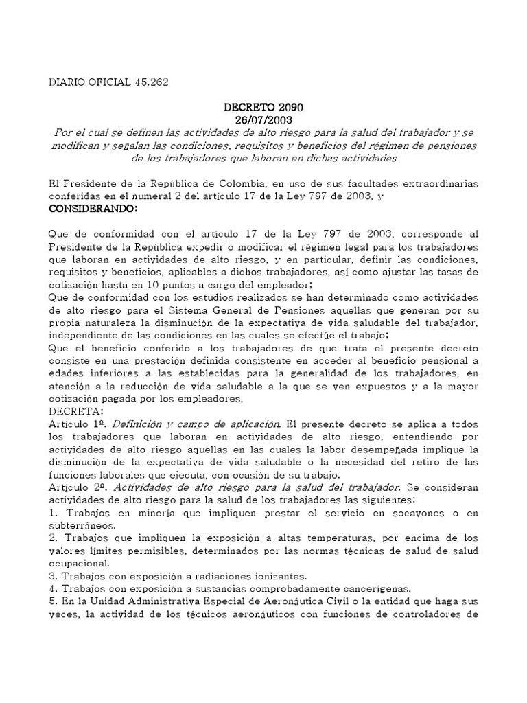 Decreto - 2090 - de - 2003 - ACT. ALTO RIESGO PDF | PDF | Pensión ... Decreto - 2090 - de - 2003 - ACT. ALTO RIESGO PDF | PDF | Pensión ...