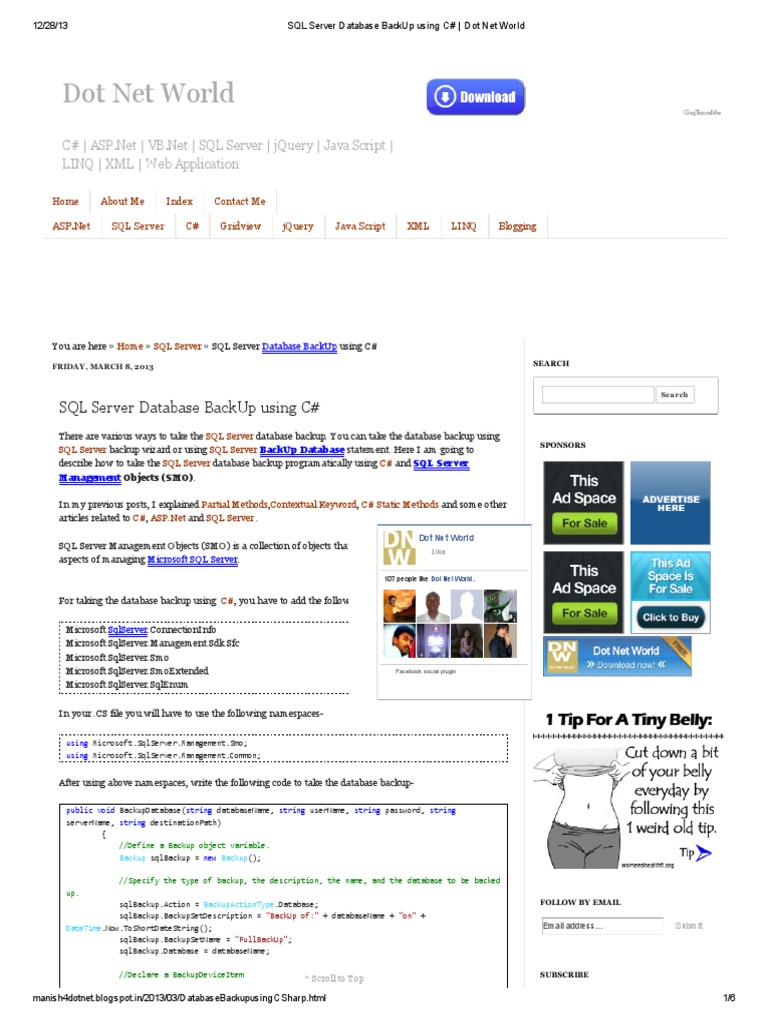 Sql Server Database Backup Using C Dot Net World Pdf Microsoft Sql Server C Sharp