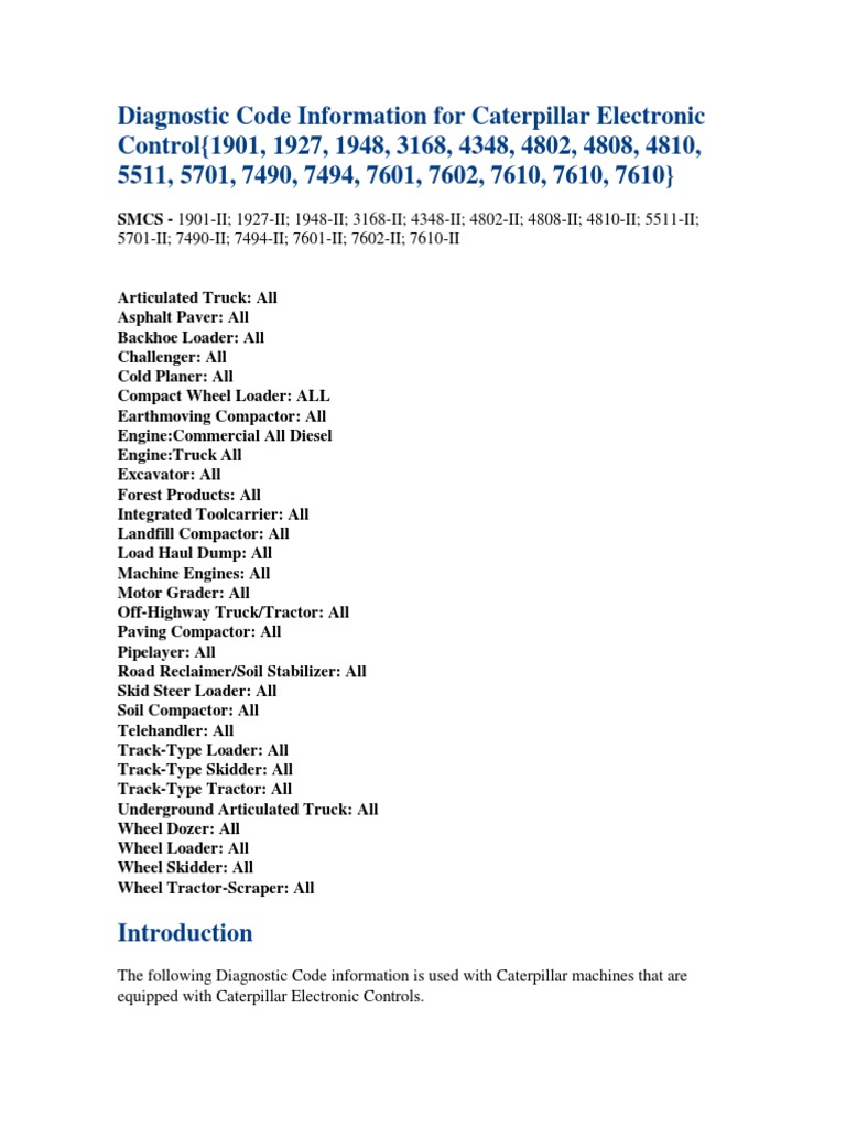 Diagnostic Code Information For Caterpillar Electronic Control | PDF ...