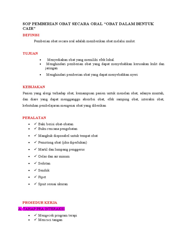Sop Pemberian Obat Secara Oral | PDF