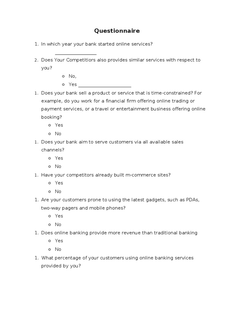 Questionnaire For Online Banking Survey | PDF | Online Banking | Banks ...