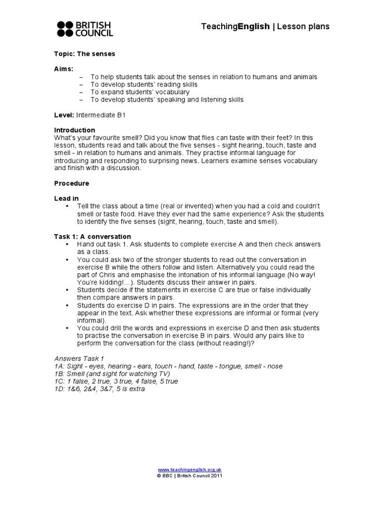 Senses-English Lesson Plan | PDF | Senses | Lesson Plan