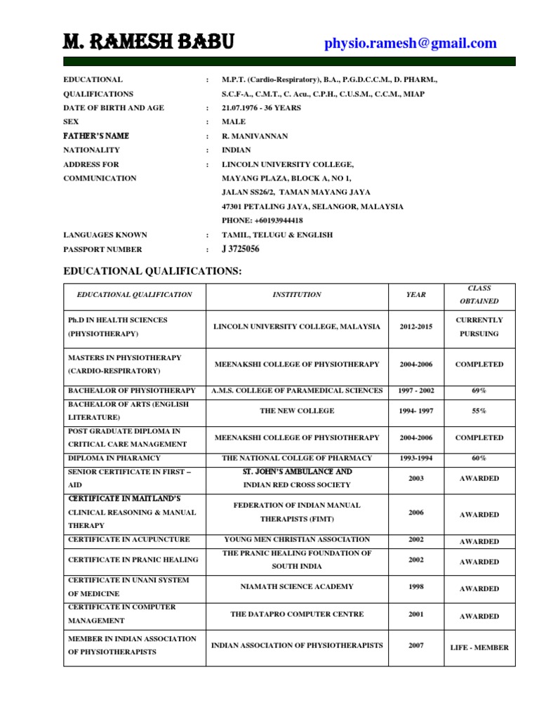 Resume From Ramesh Babu Manivannan | PDF | Physical Therapy | General ...