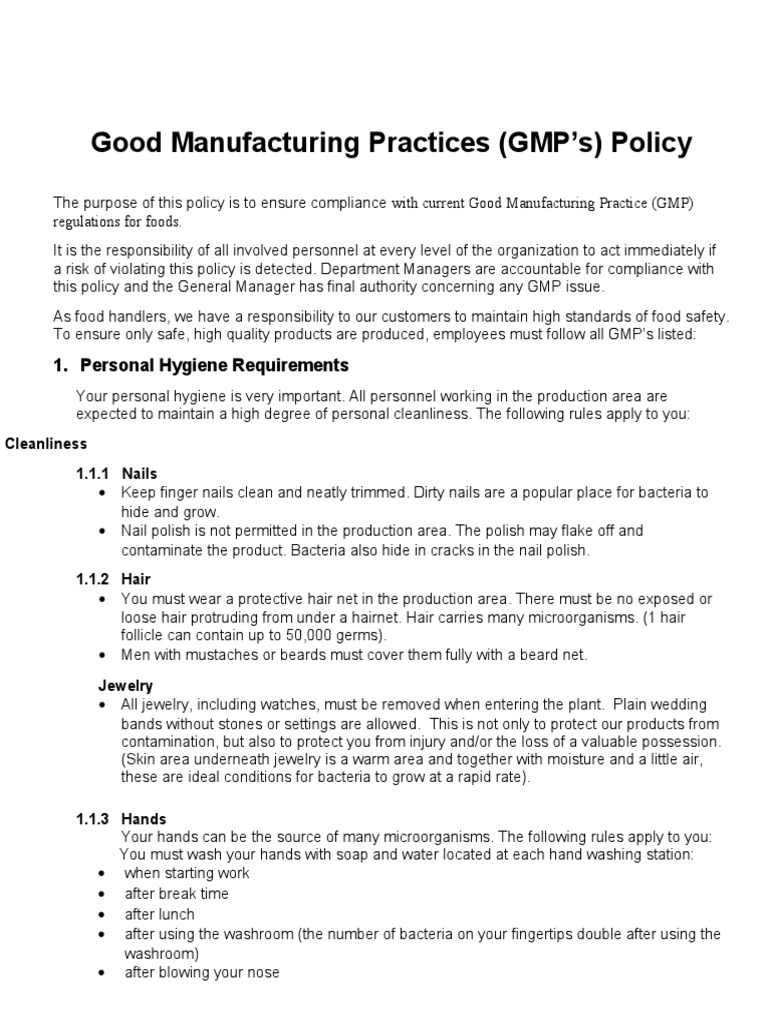 Good GMP Policy | PDF | Hygiene | Glove