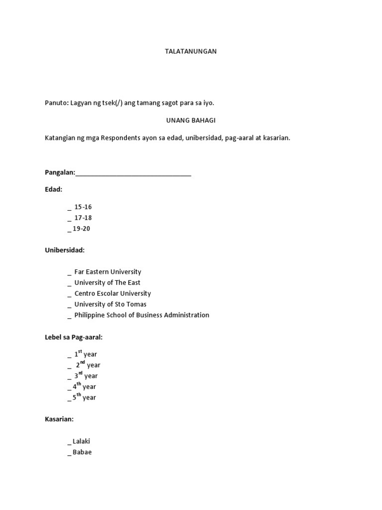 Halimbawa NG Talatanungan | PDF