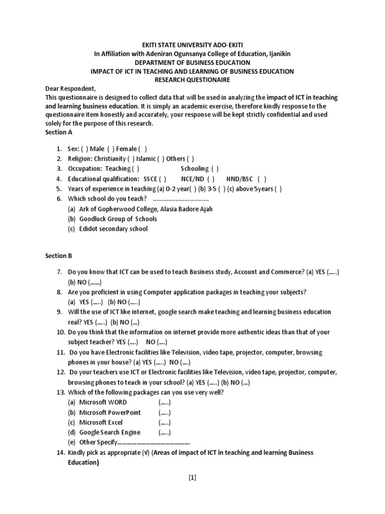 QUESTINAIRE: Impact of Ict in Teaching and Learning of Business ...