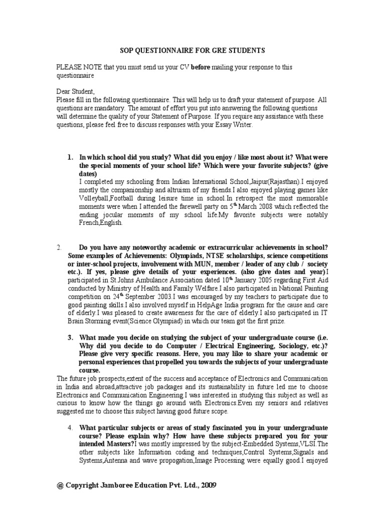 SOP Questionnaire GRE Dfrevised | PDF | Business | Nature