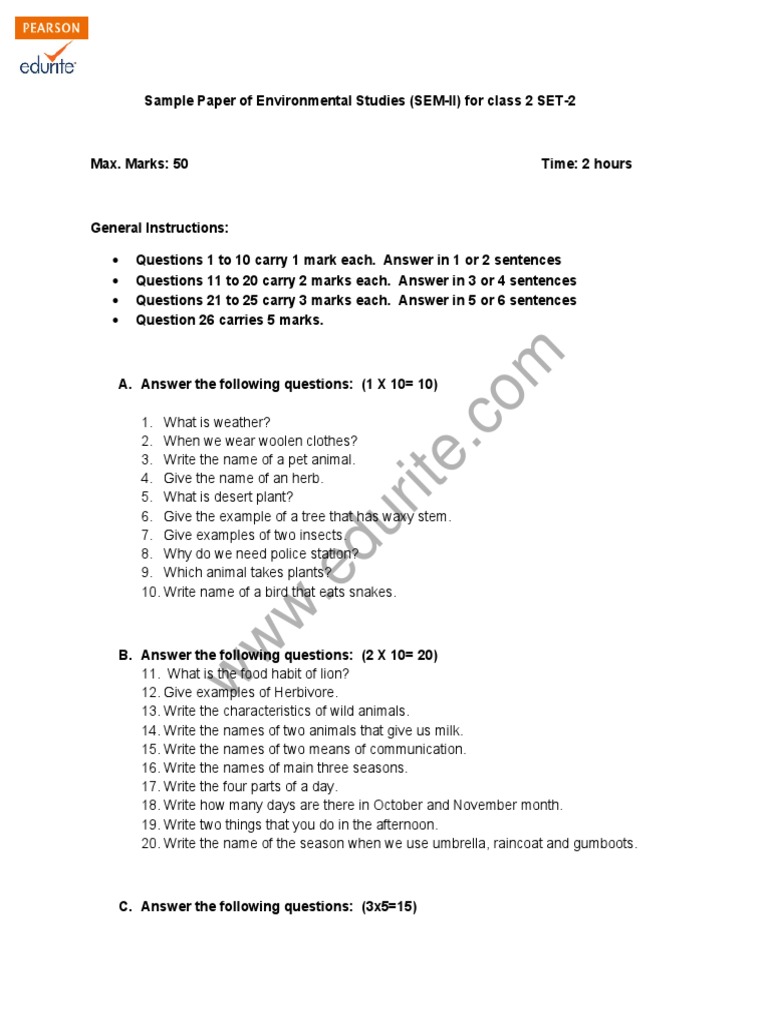 Cbse Class 2 Evs Sample Paper Term 2 Model 2 | PDF