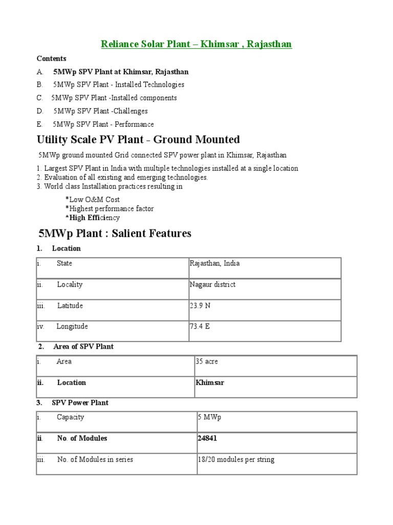 Reliance Solar Plant 5 MW | PDF | Photovoltaics | Photovoltaic System