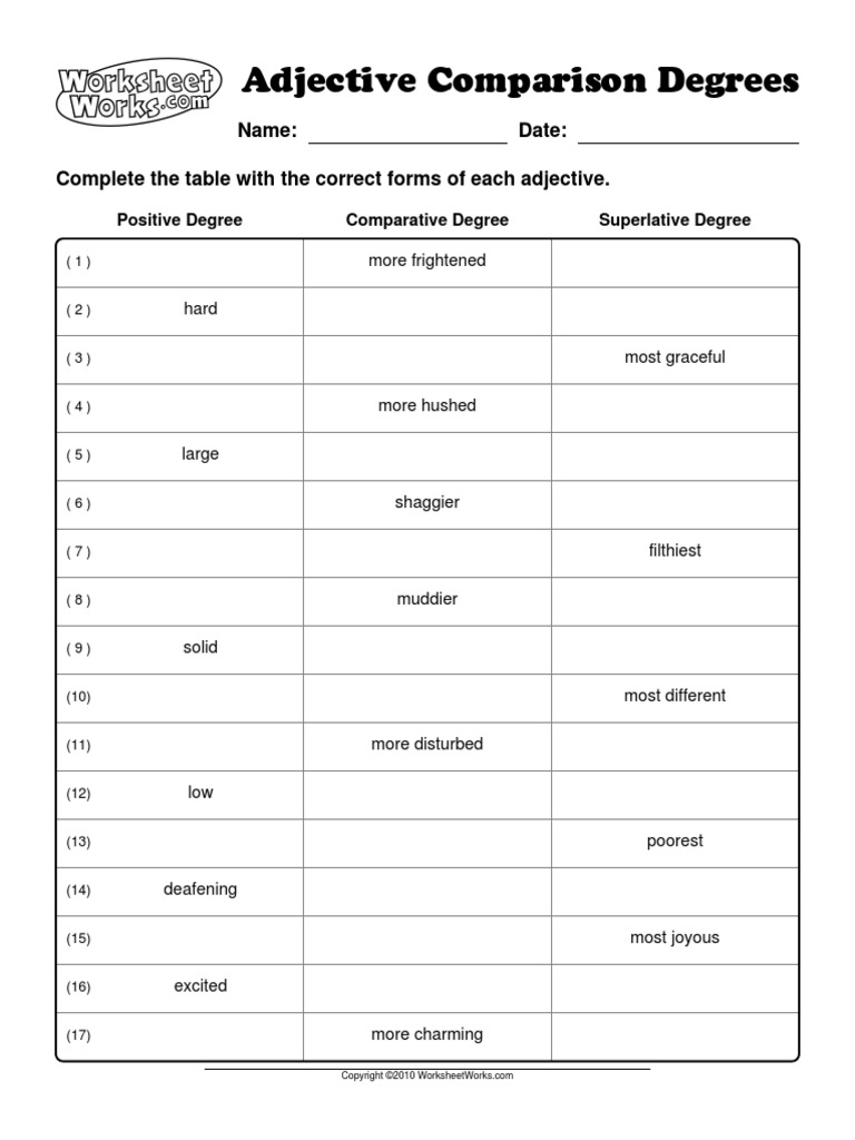 Worksheets For Adjective Comparison Degrees | PDF