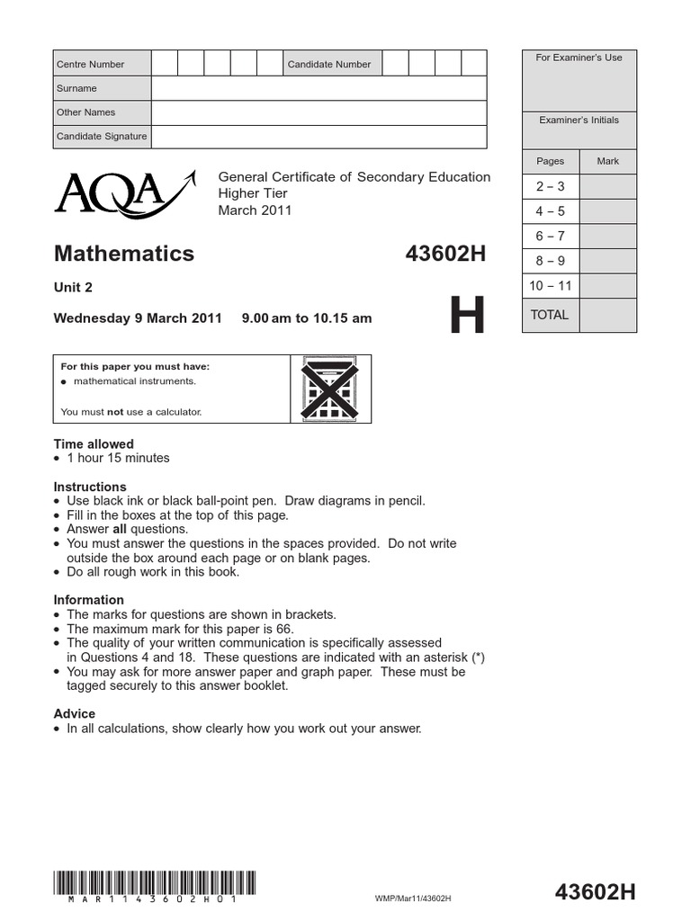 AQA Maths Unit 2 Qpaper - H | PDF | Concrete | Teaching Mathematics