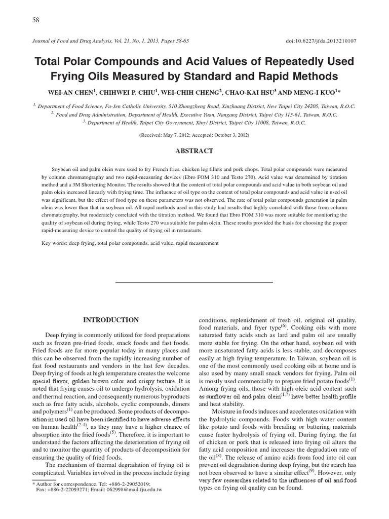 Total Polar Compounds and Acid Values of Repeatedly Used | PDF ...