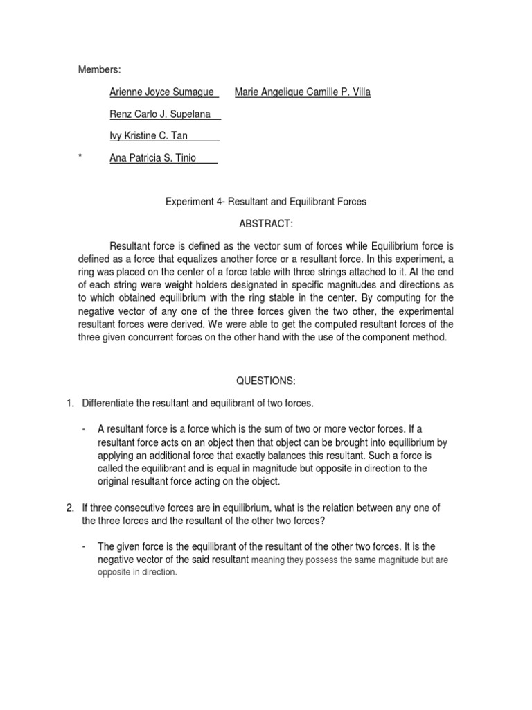 Experiment 4 - Resultant and Equilibrant Forces | PDF