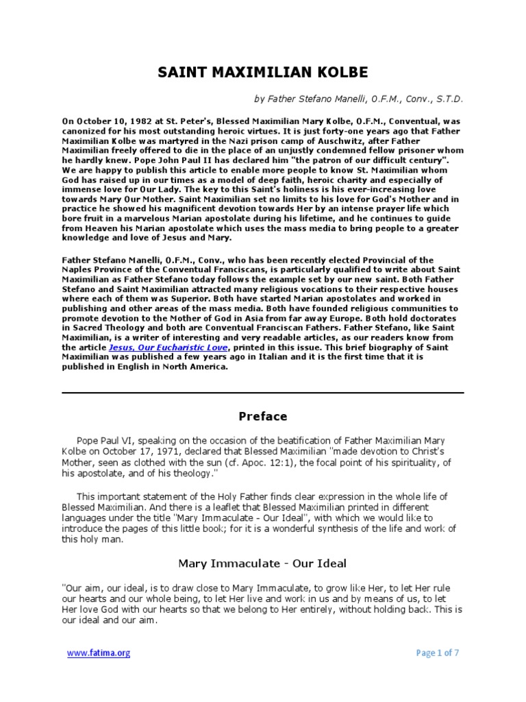 Saint Maximilian Kolbe | PDF | Mary, Mother Of Jesus | Catholic Church