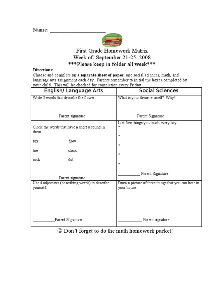First Grade Homework Matrix Guide | PDF