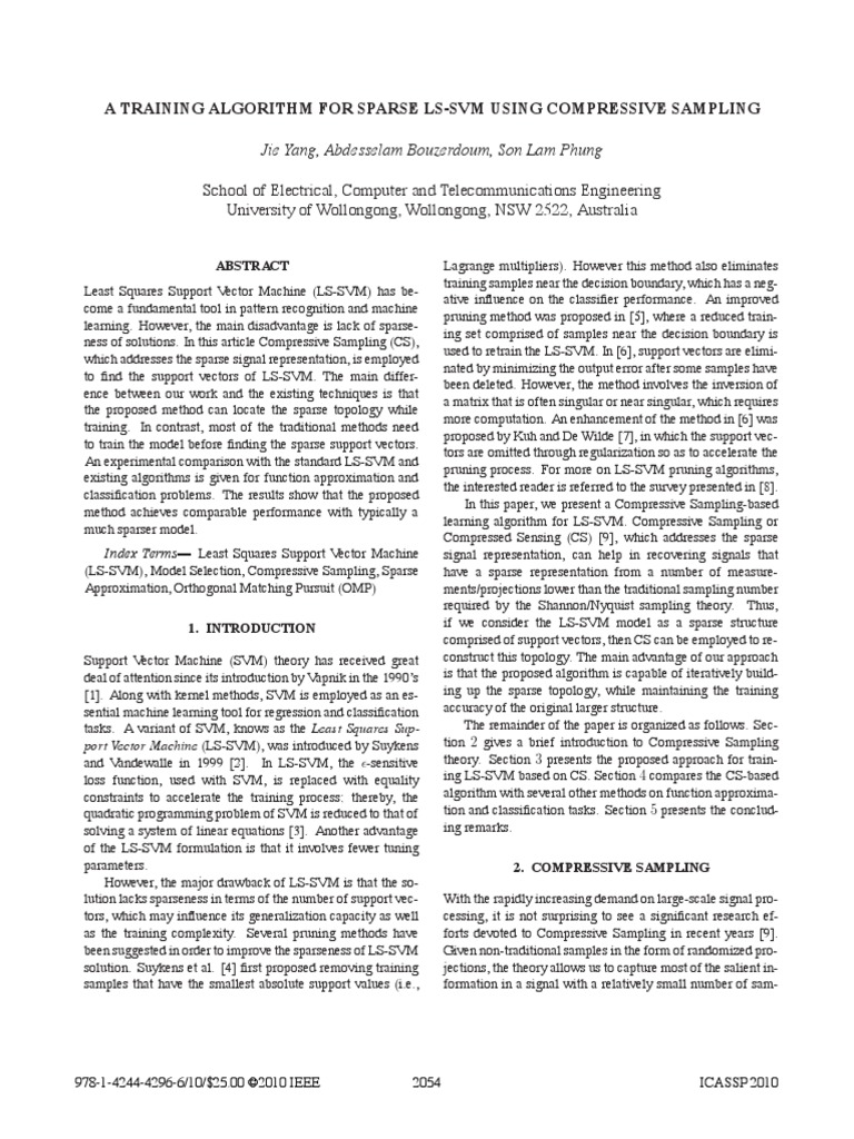 A Training Algorithm For Sparse LS-SVM Using Compressive Sampling | PDF | Support Vector Machine ...