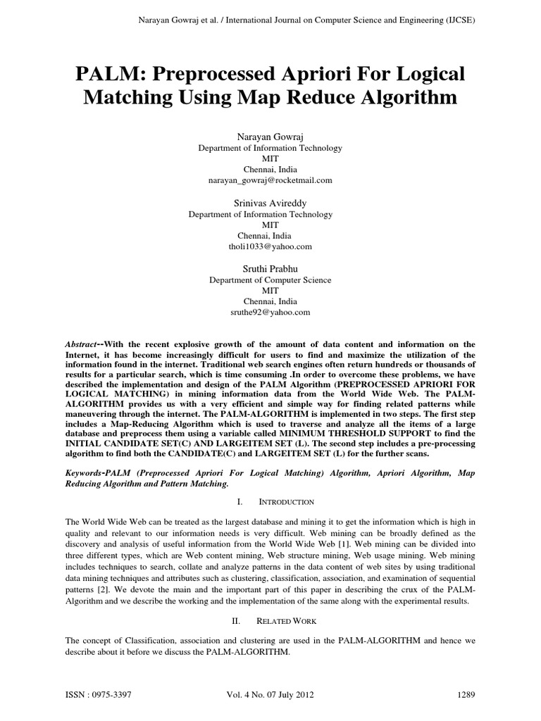 PALM: Preprocessed Apriori For Logical Matching Using Map Reduce Algorithm | PDF | Map Reduce ...