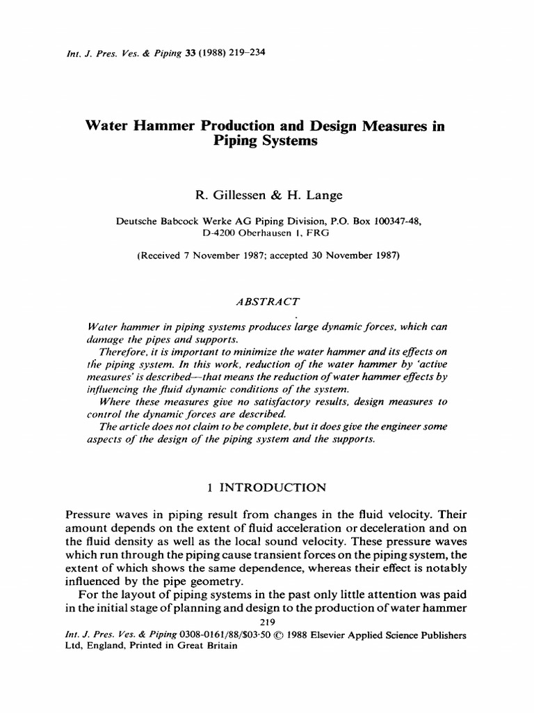 Water Hammer Production and Design Measures in Piping Systems | PDF ...