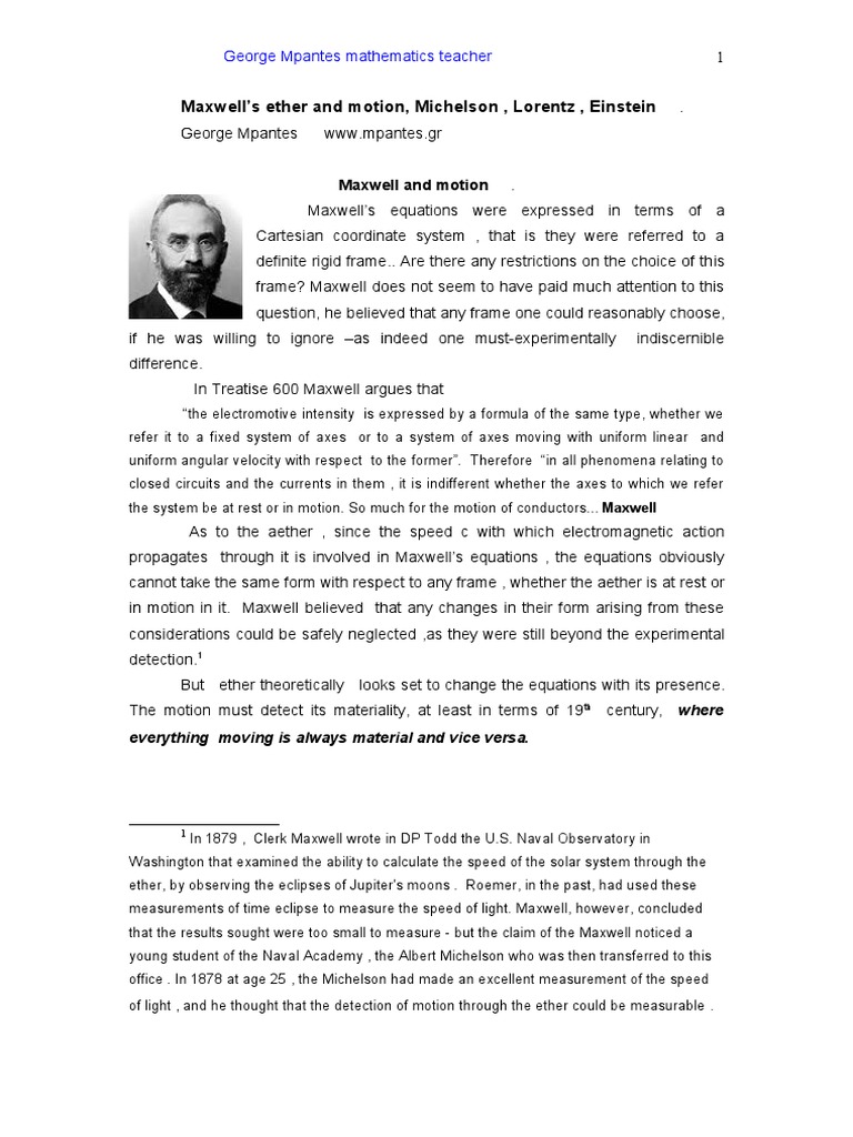 Maxwell's Ether and Motion, Michelson, Lorentz, Einstein | PDF ...