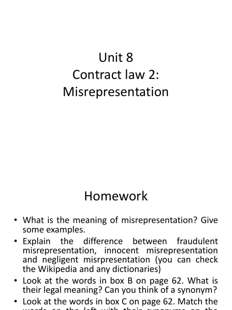 Unit 8 Contract Law 2: Misrepresentation | PDF | Misrepresentation In English Law | Law Of ...