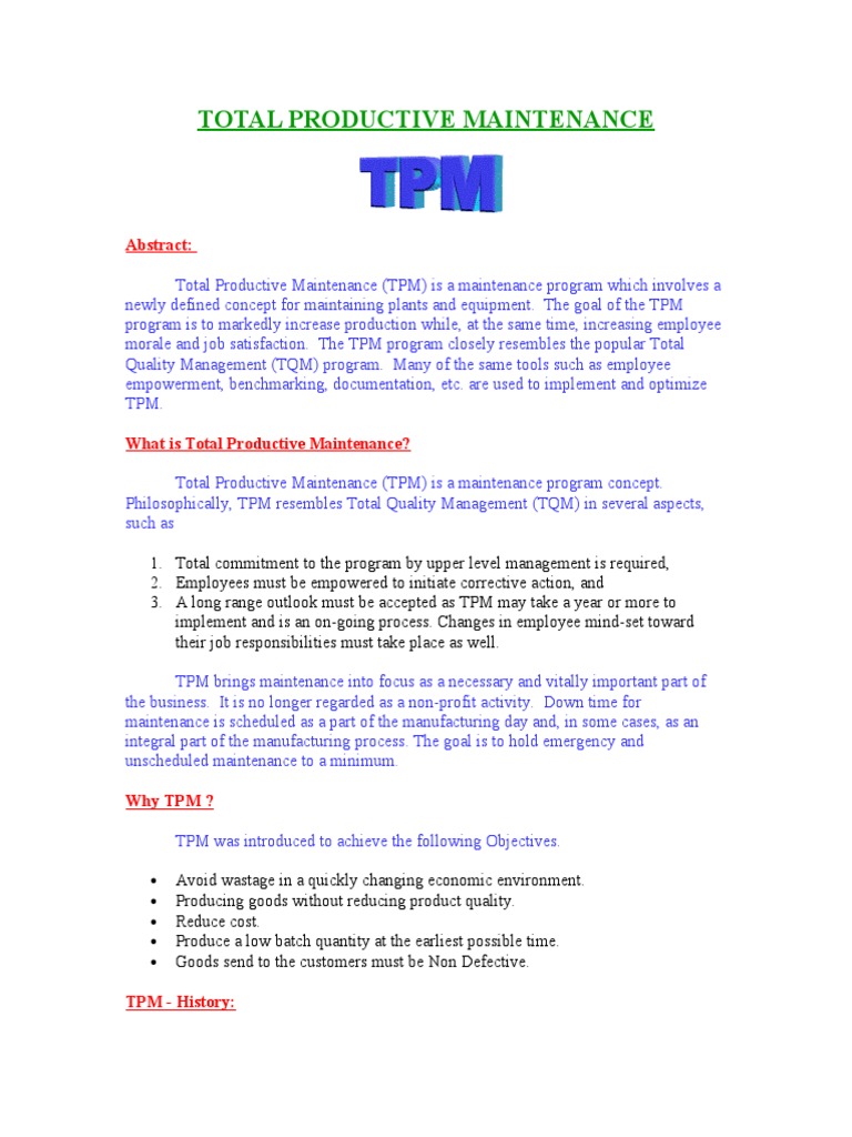 Total Productive Maintenance: Abstract | PDF | Quality Management ...