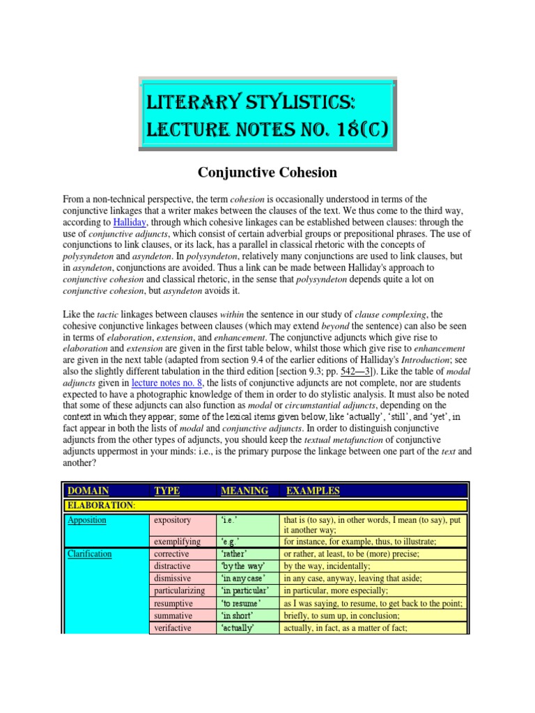 Literary Stylistics: Lecture Notes No. 18 (C) : Conjunctive Cohesion ...