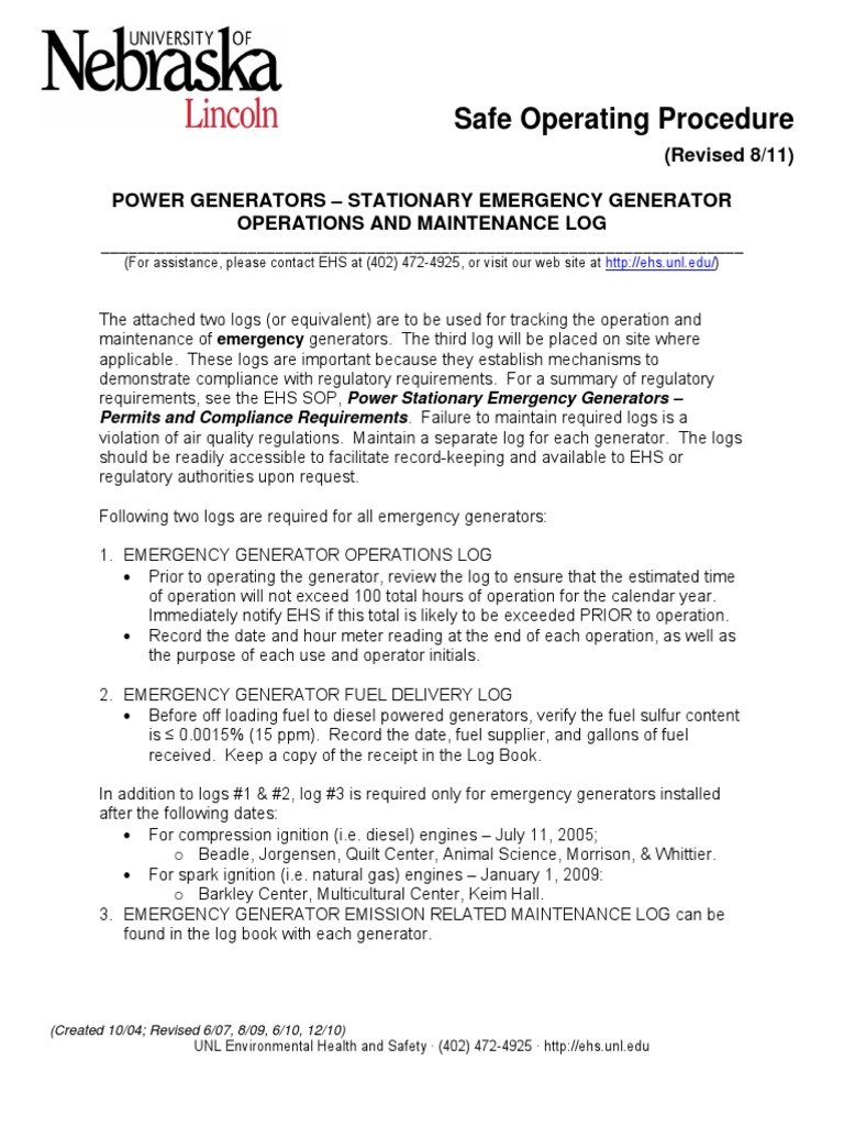 Emergency Generator Maintenance Logs | PDF | Diesel Engine | Energy And ...
