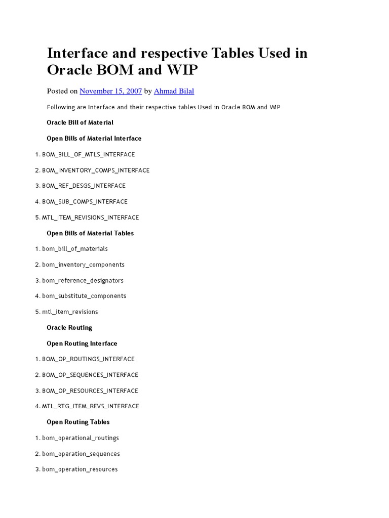 Interface and Respective Tables Used in Oracle BOM and | PDF | Interface (Computing) | Computer ...