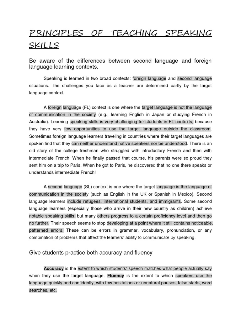 Principles of Teaching Speaking Skills | PDF | Second Language | Fluency