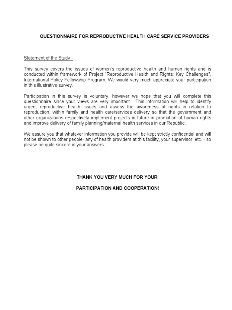 QUESTIONNAIRE For Providers - Eng | PDF | Reproductive Health ...