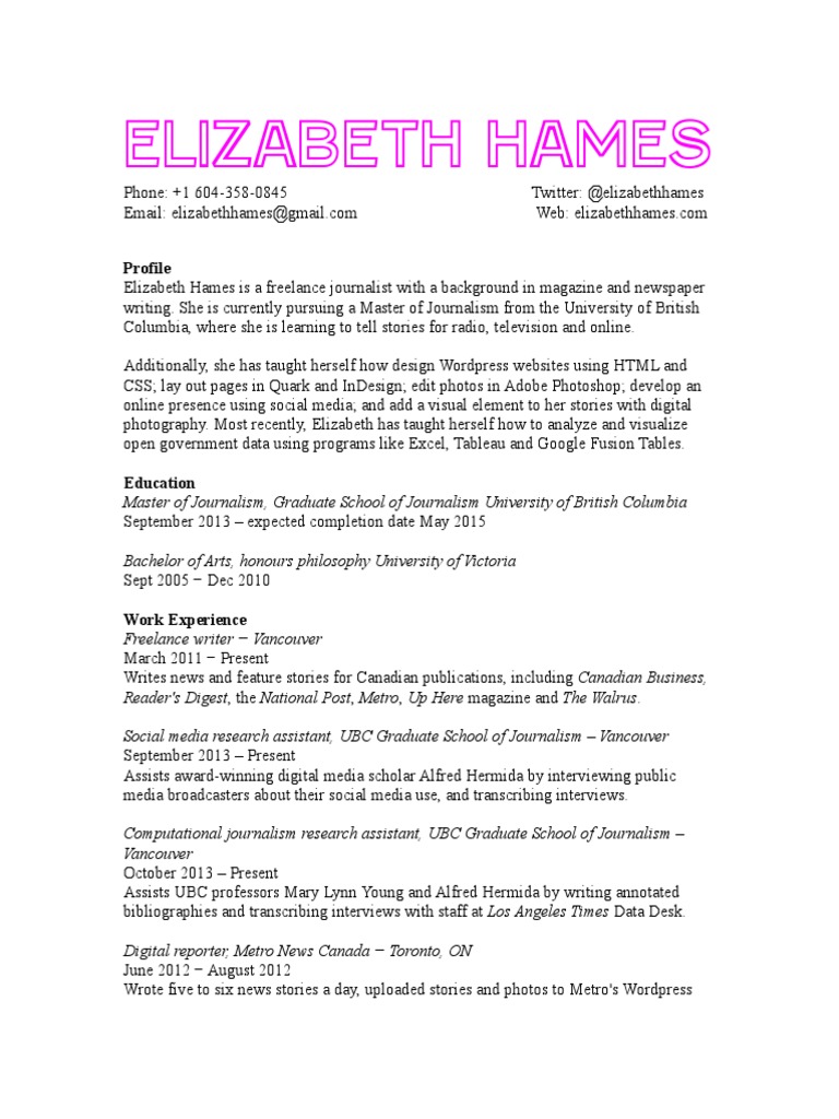 Resume - Elizabeth Hames | PDF | News | Public Opinion