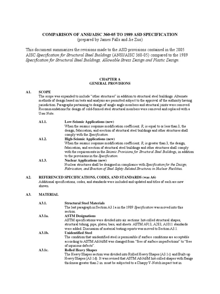 Comparison of Ansi Aisc 360-05 To 1989 Asd Specification | PDF ...