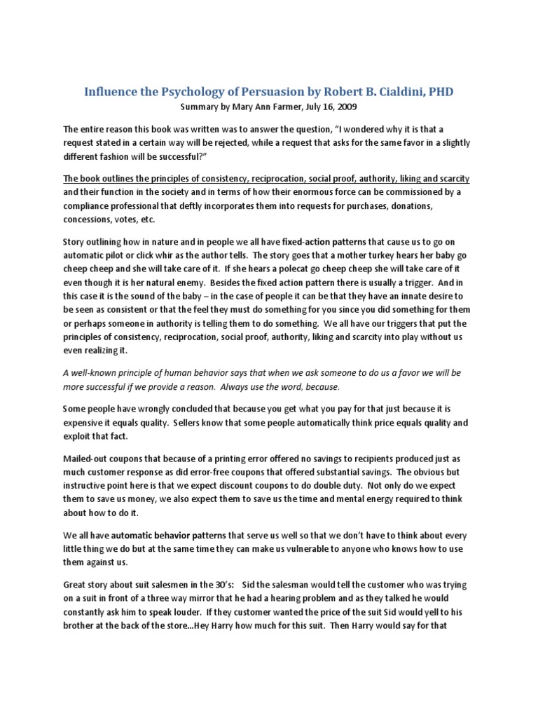 Influence The Psychology of Persuasion Book Summary | PDF | Persuasion ...