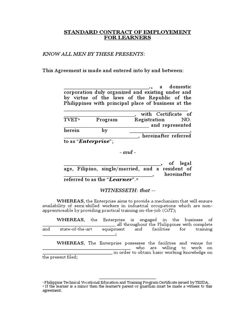 Standard Contract of Employment For Learners | PDF | Private Law ...