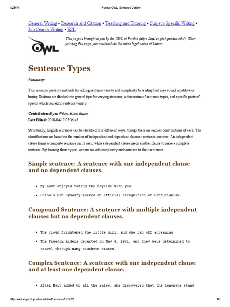 Purdue Owl Sentence Variety | PDF | Sentence (Linguistics) | Language ...