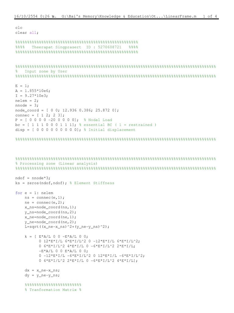 MATLAB Frame Analysis Programing Code | PDF | Mathematical Analysis ...