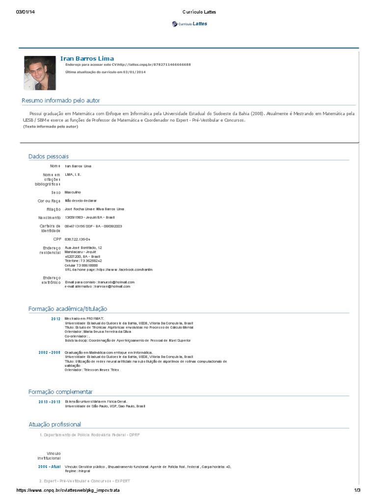 Currículo Lattes - Iran Barros Lima | PDF | Universidade | Science